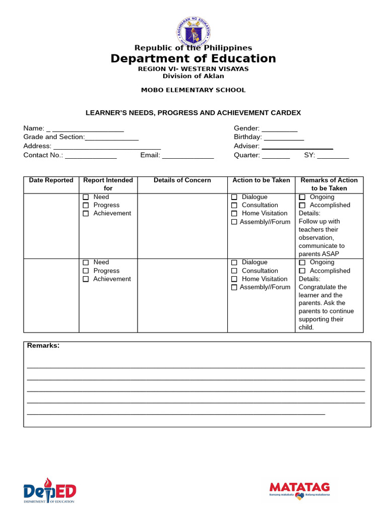 Learner's Needs, Progress and Achievement Cardex-0k | PDF