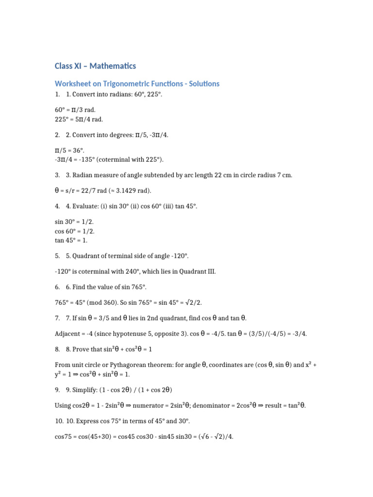 Trigonometric Functions Worksheet ClassXI Solutions | PDF