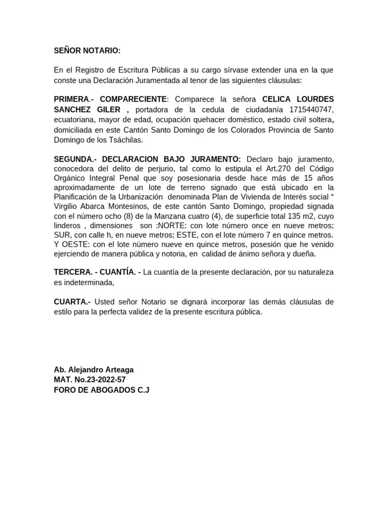 Declaracion Juramentada Posesion | PDF