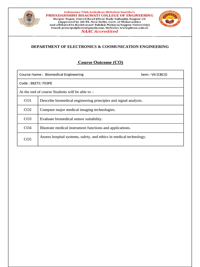 Biomedical Engineering Course Outcomes | PDF
