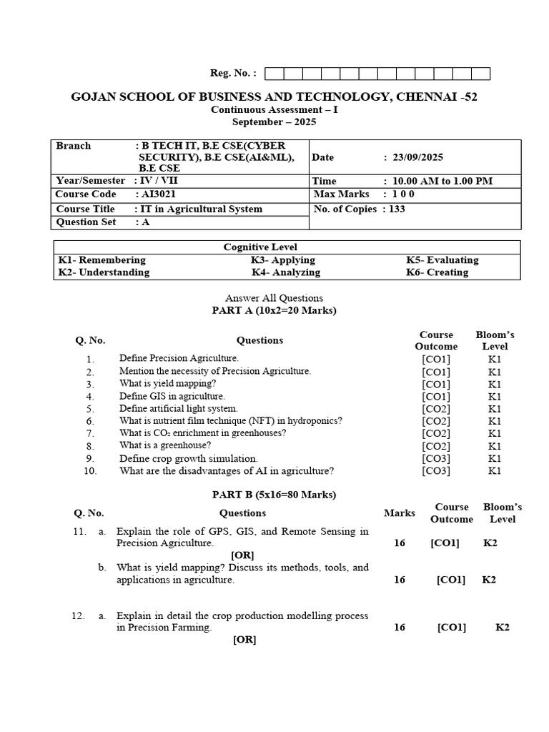 CIA Test 1 SET (A) Quetion Paper - Docx1 | PDF | Agriculture