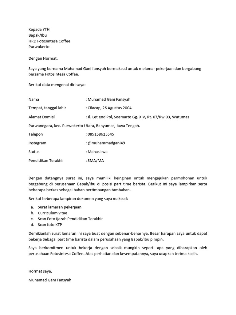 Lamaran Part Time Barista Fotosintesa | PDF