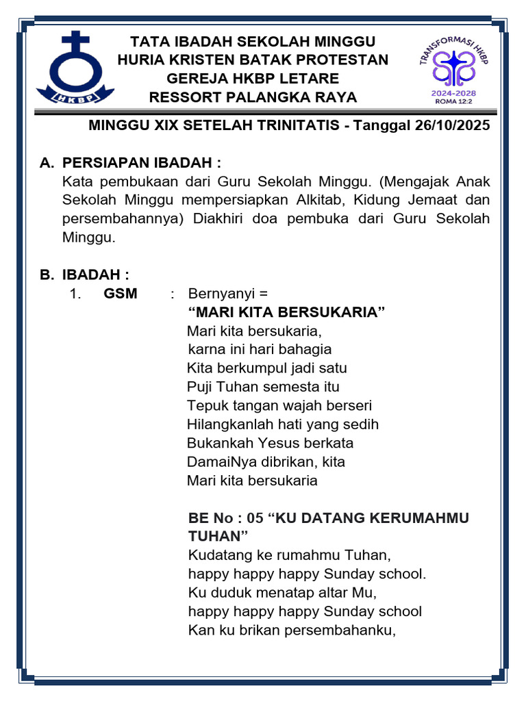 Tata Ibadah Sekolah Minggu HKBP Letare | PDF