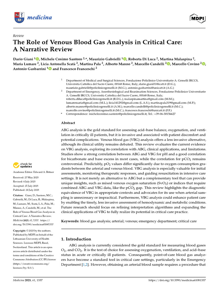 Venous Blood Gas Analysis in Critical Care | PDF | Cellular Respiration ...