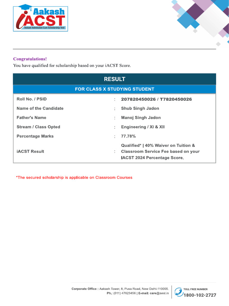Shubh Aakash Result | PDF