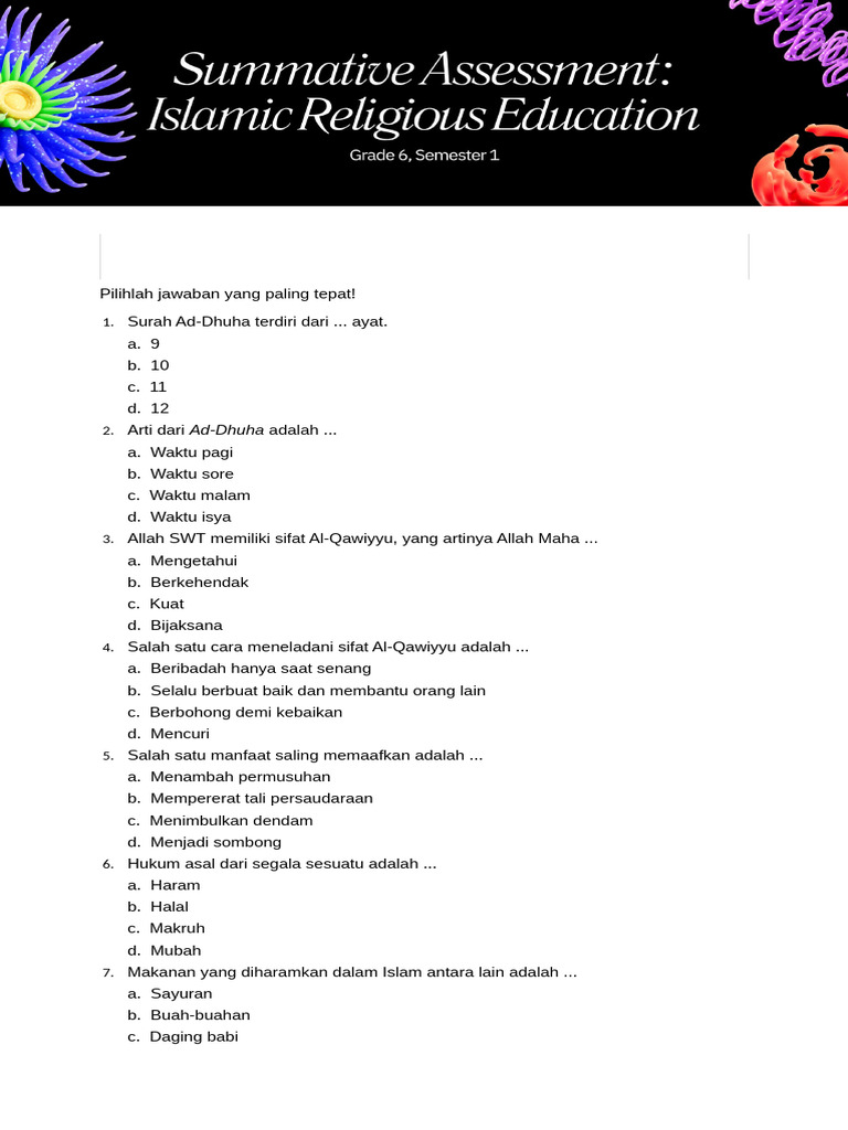 Summative Assessment Islamic Religious Education | PDF