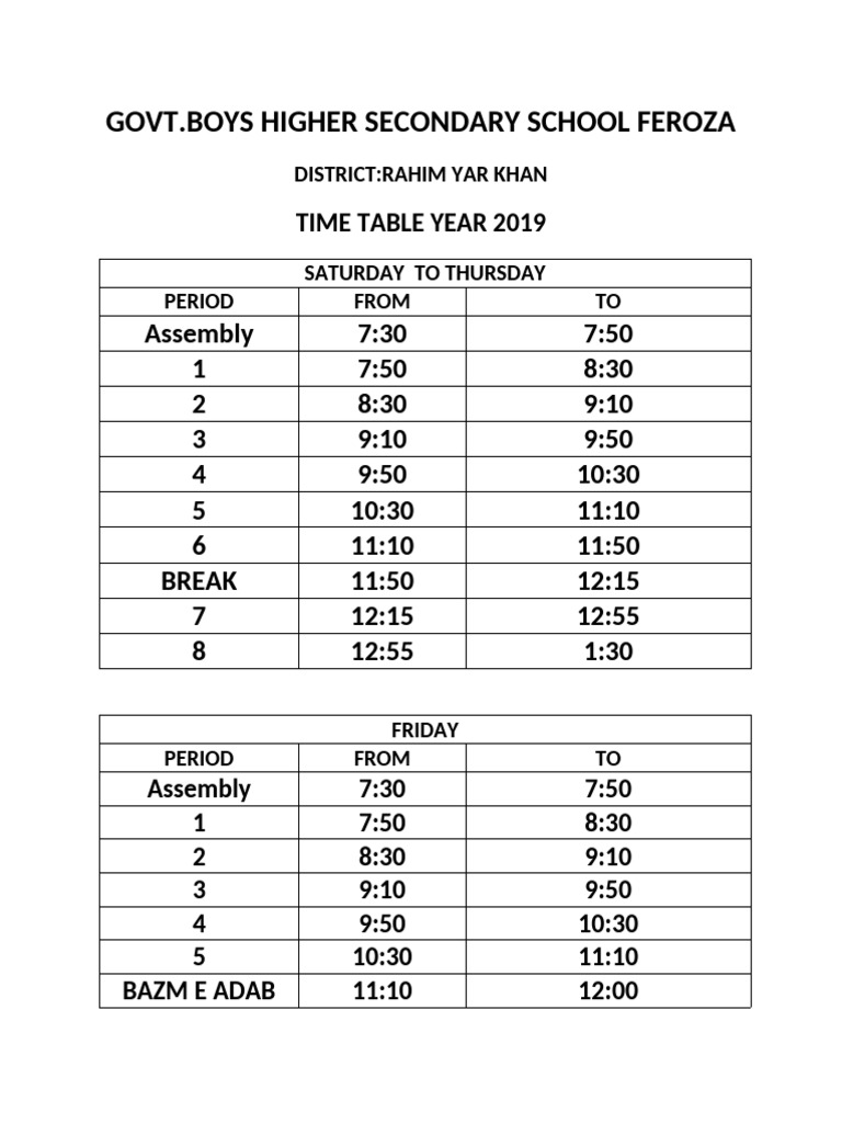 2019 Feroza School Timetable | PDF
