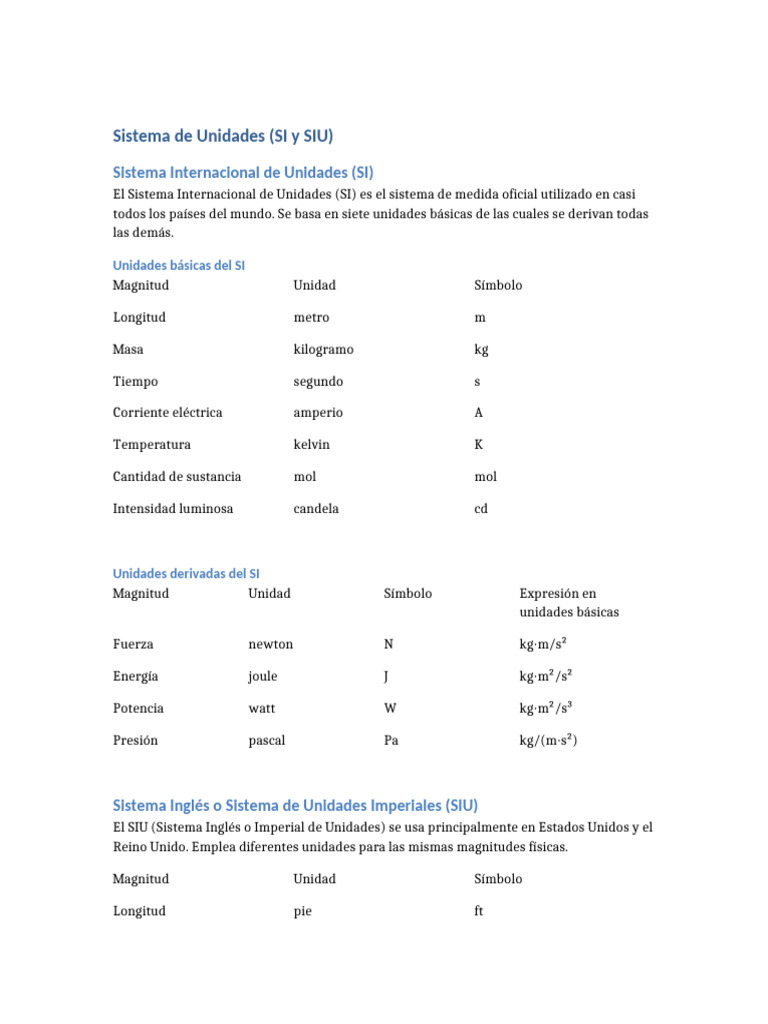 Comparativa entre SI y SIU: Unidades de Medida | PDF | Sistema ...