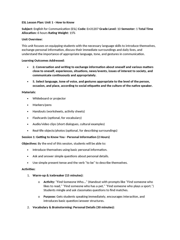 ESL Lesson Plan: Self-Introduction Skills | PDF | Public Speaking ...