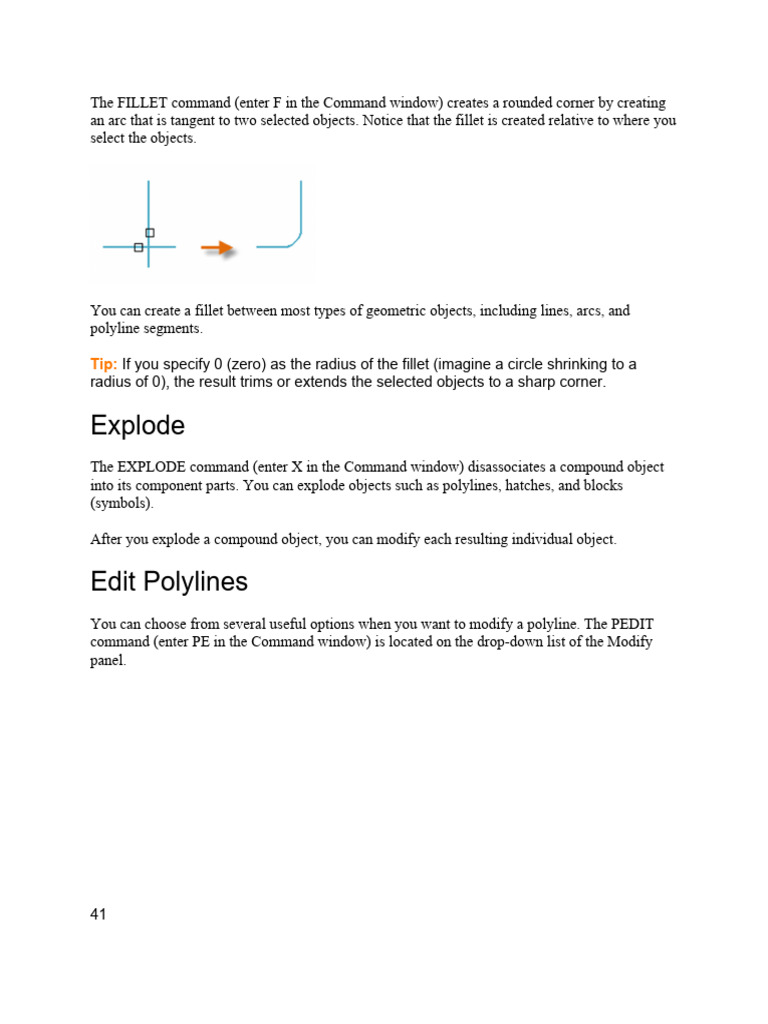 AutoCAD Commands: Fillet, Explode, PEDIT | PDF