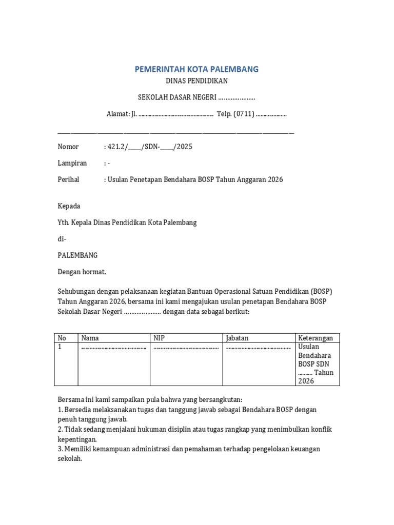 Surat Usulan Bendahara BOSP 2026 | PDF