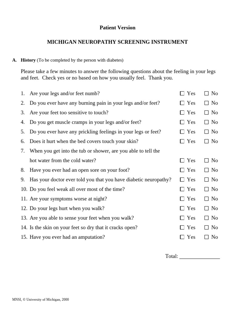 Michigan Neuropathy Screening Tool | PDF | Peripheral Neuropathy ...