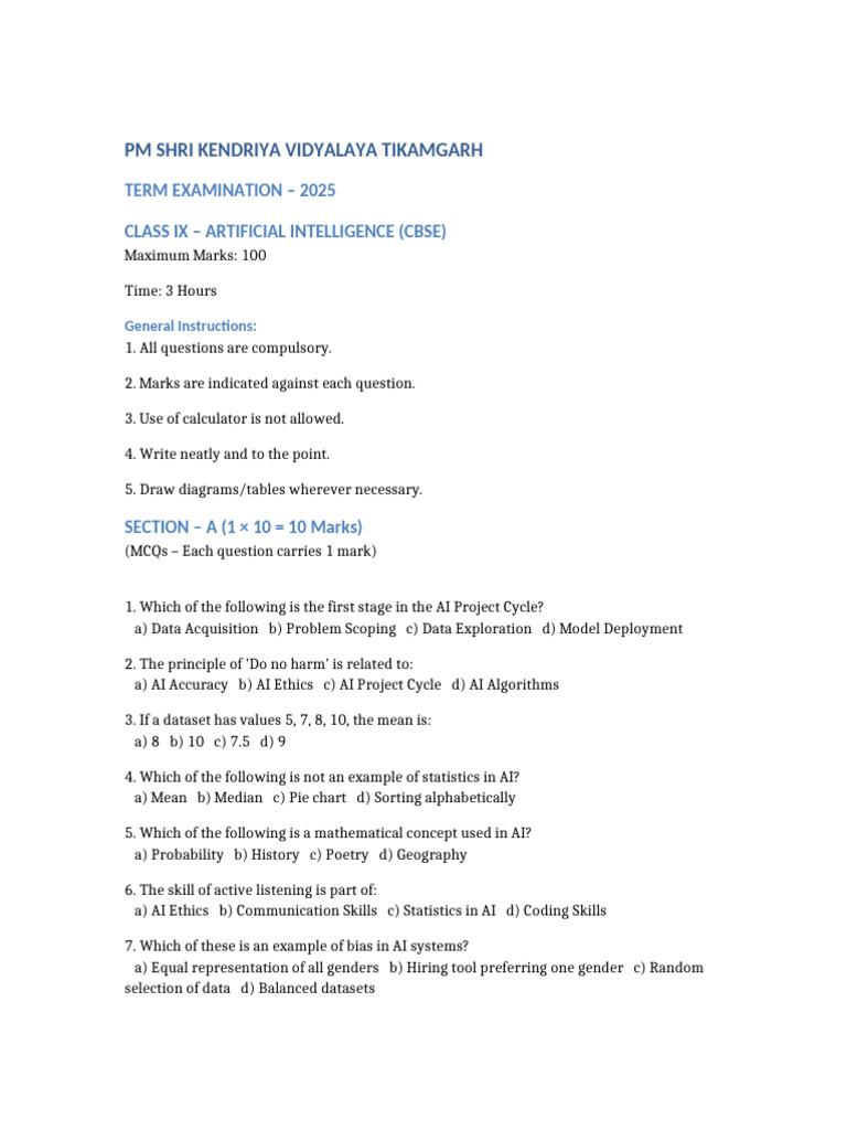AI Class9 QuestionPaper | PDF | Artificial Intelligence | Intelligence (AI) & Semantics