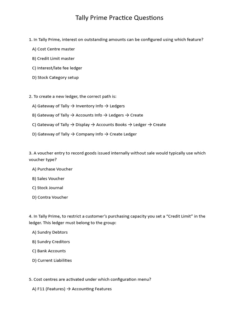 Tally Prime Practice Questions Guide | PDF | Debits And Credits | Credit