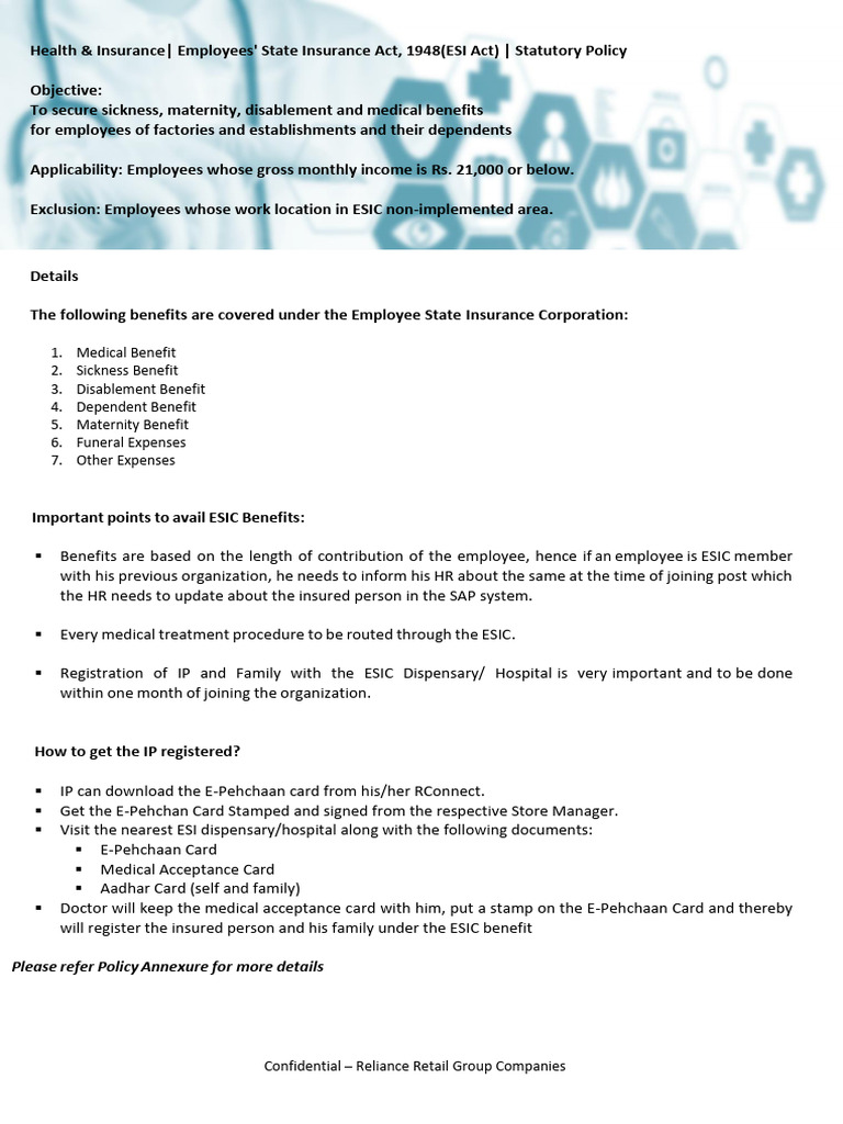 ESI Act Benefits for Employees Explained | PDF