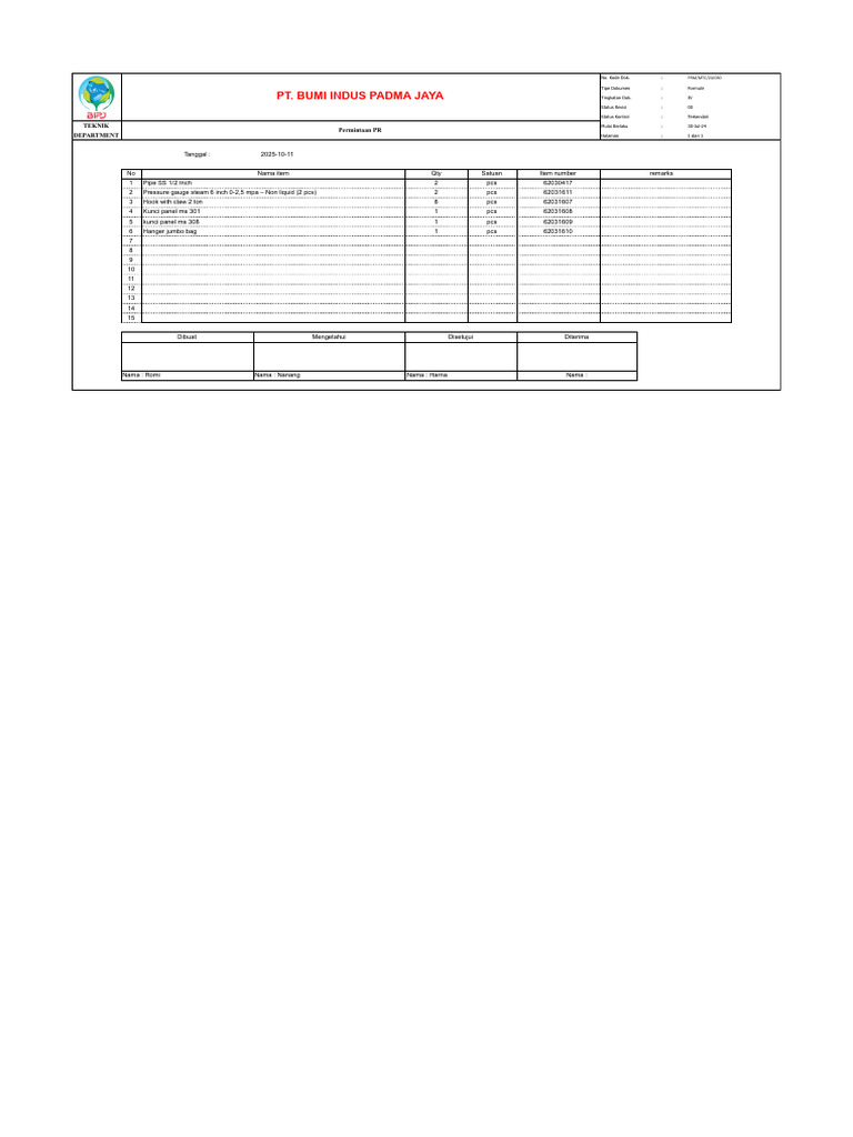 Permintaan PR Hook, Pipe SS, Kunic Panel, Hanger, DLL | PDF