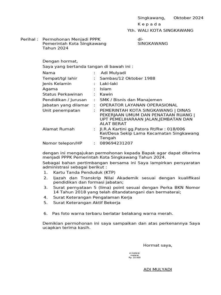 6672 Form Surat Lamaran PPPK 2024 | PDF