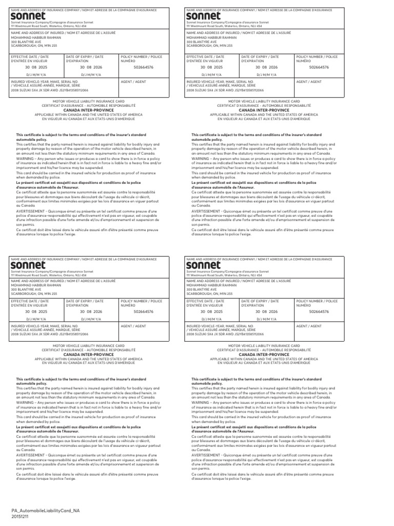 Sonnet Insurance Liability Card | PDF | Insurance | Civil Law (Legal ...