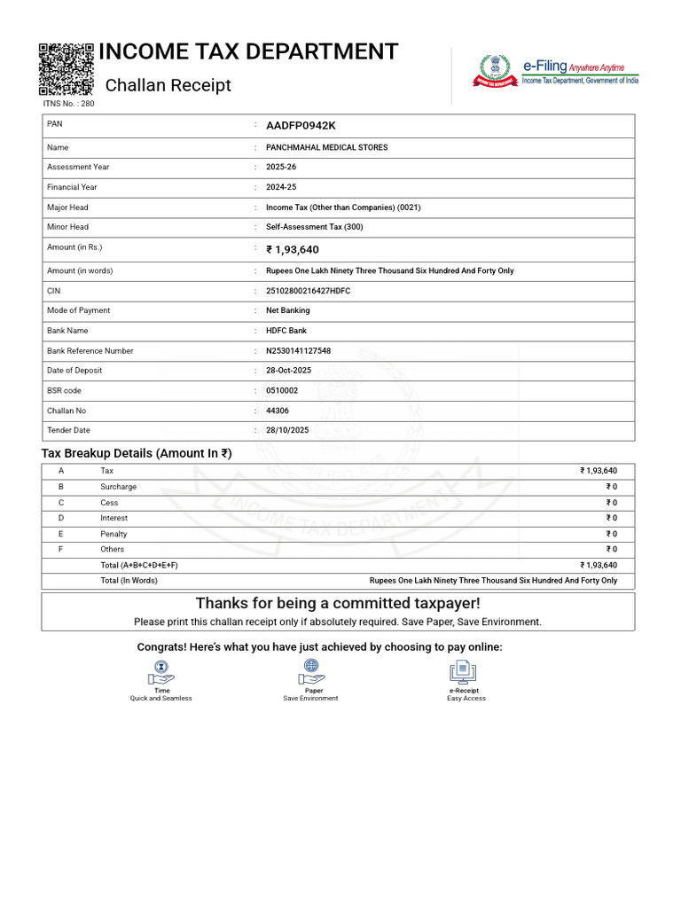 25102800216427HDFC ChallanReceipt | PDF | Taxes | Public Finance
