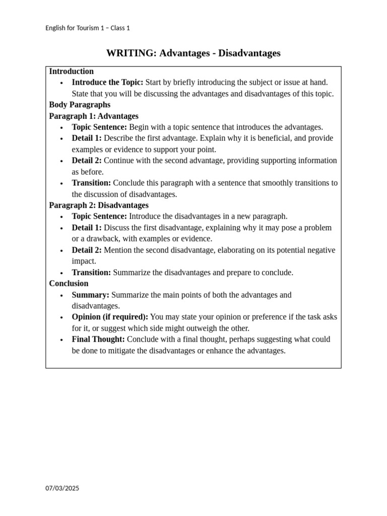 (250307) EFT1 - Writing - Advantages - Disadvantages | PDF