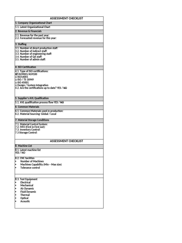 System Integration or Contract Manufacturing Pre AVL Asssessment ...
