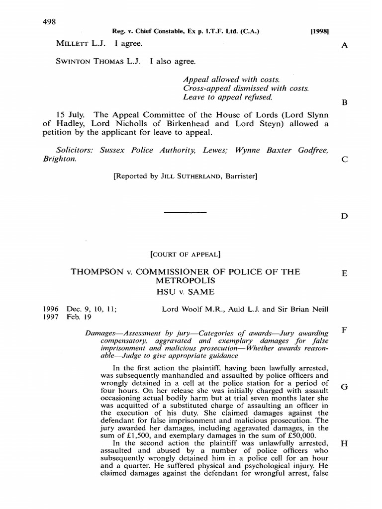 Thompson V Metropolitan Police Comr - (1998) QB 498 | PDF
