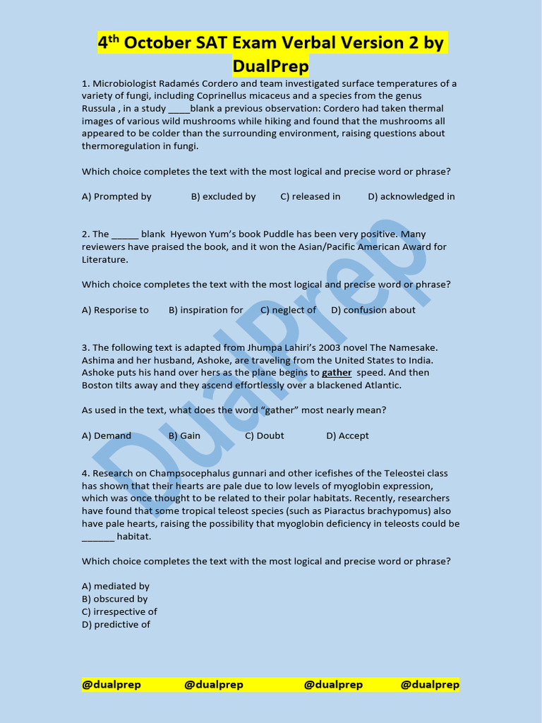 SAT Exam Verbal Practice - Oct 4 | PDF | Extravehicular Activity