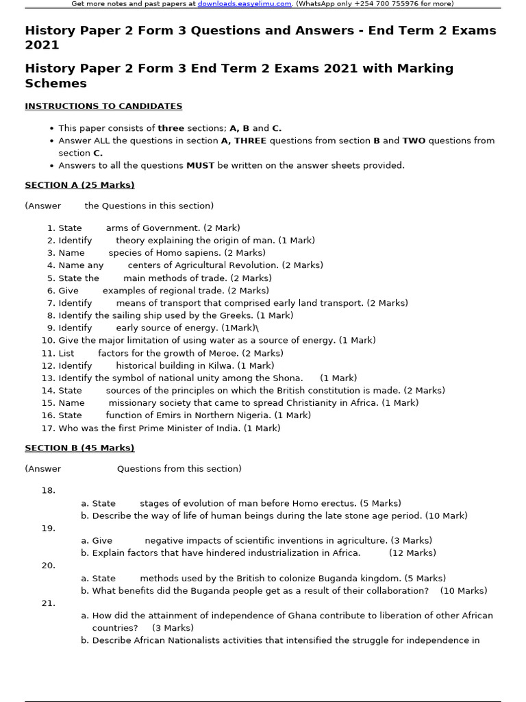 History Paper 2 Form 3 Questions and Answers End Term 2 Exams 2021 ...