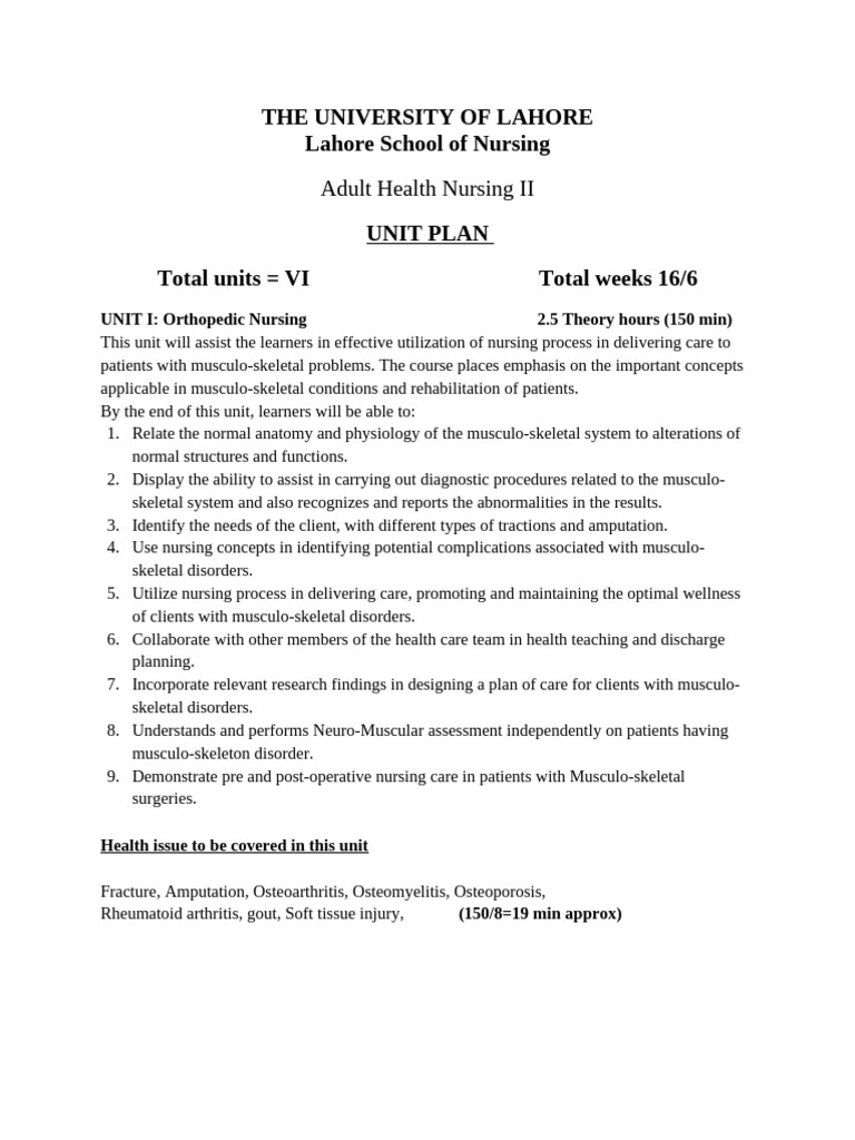 Unit Plan - Lesson Plan, ToS Example | PDF | Nursing | Arthritis