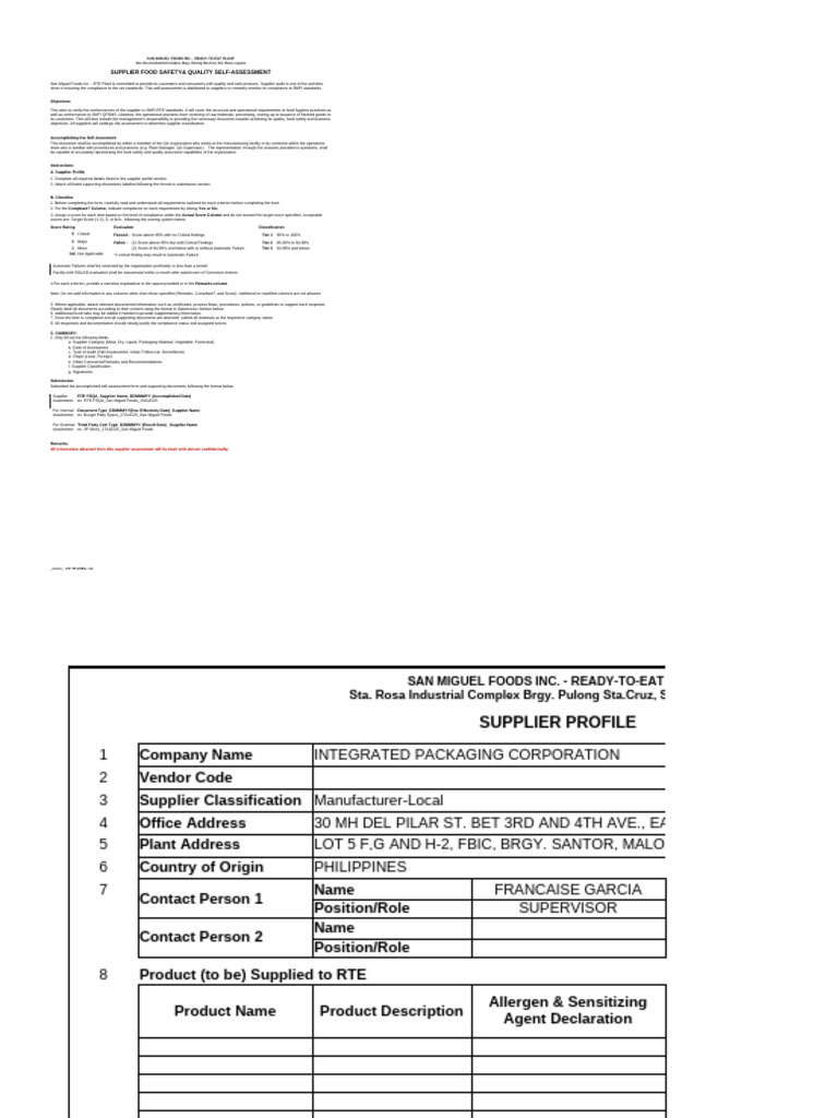 F-QAD-0241 Supplier Food Safety & Quality Audit Checklist Rev. 1 | PDF ...