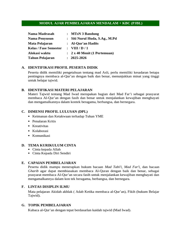 Contoh Modul Qurdis (1x Pertemuan) | PDF