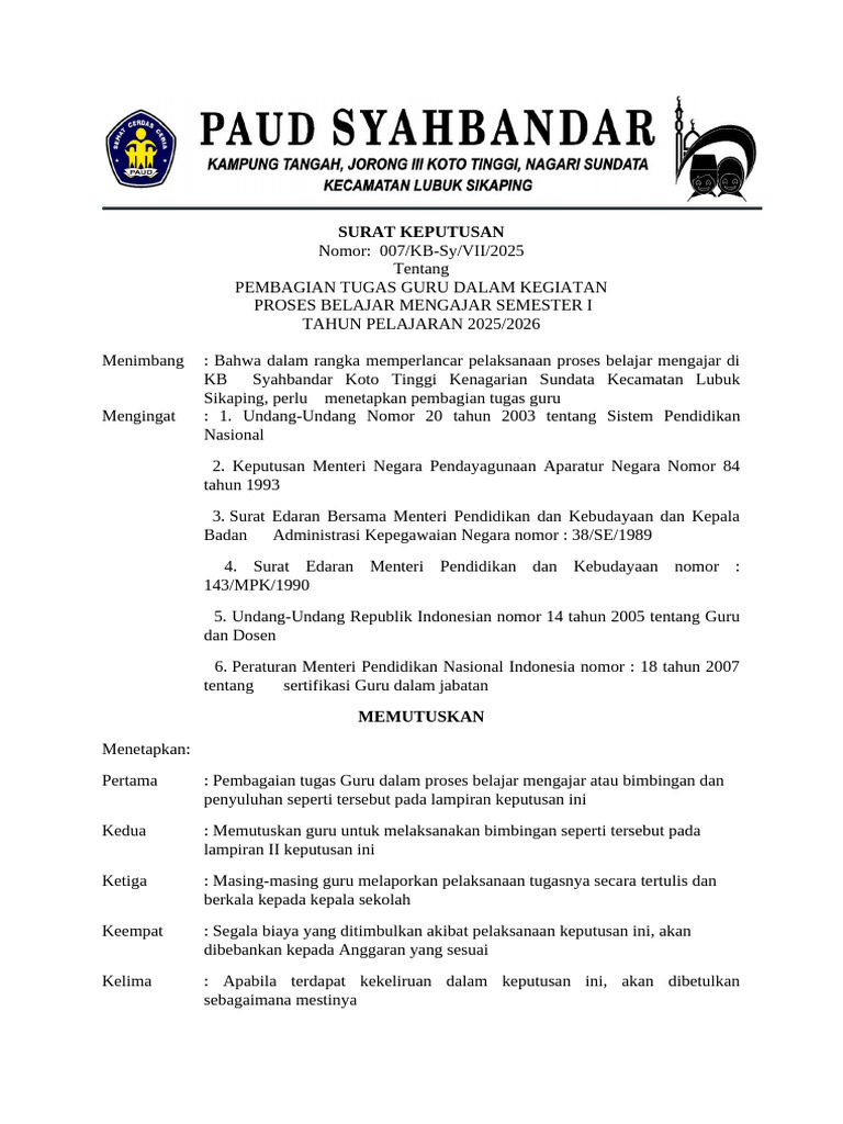 Pembagian Tugas Guru KB Syahbandar 2025 | PDF
