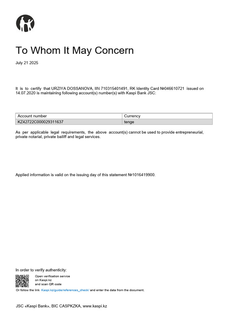 To Whom It May Concern: Kaspi - Kz/guide/references - Check | PDF