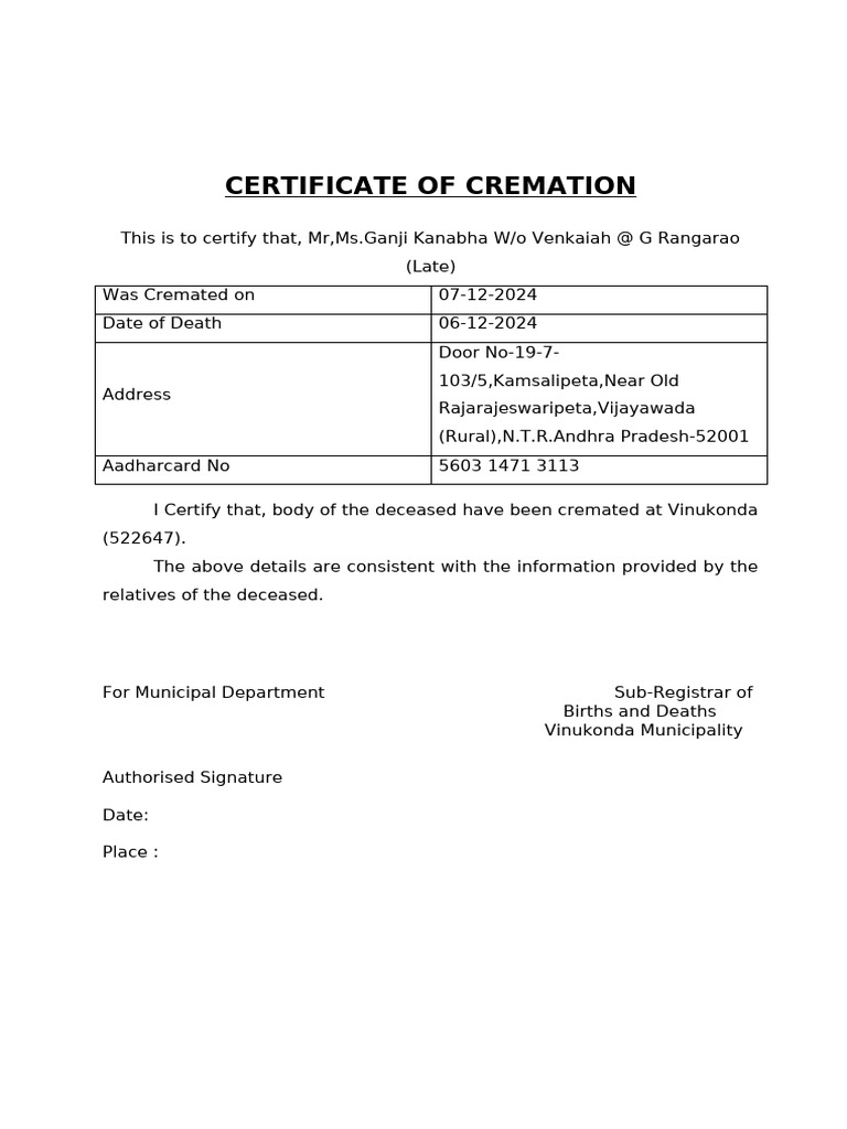 Cremation Certificate Details for Andhra Pradesh | PDF