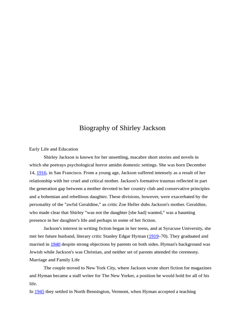Biography of Shirley Jackson | PDF