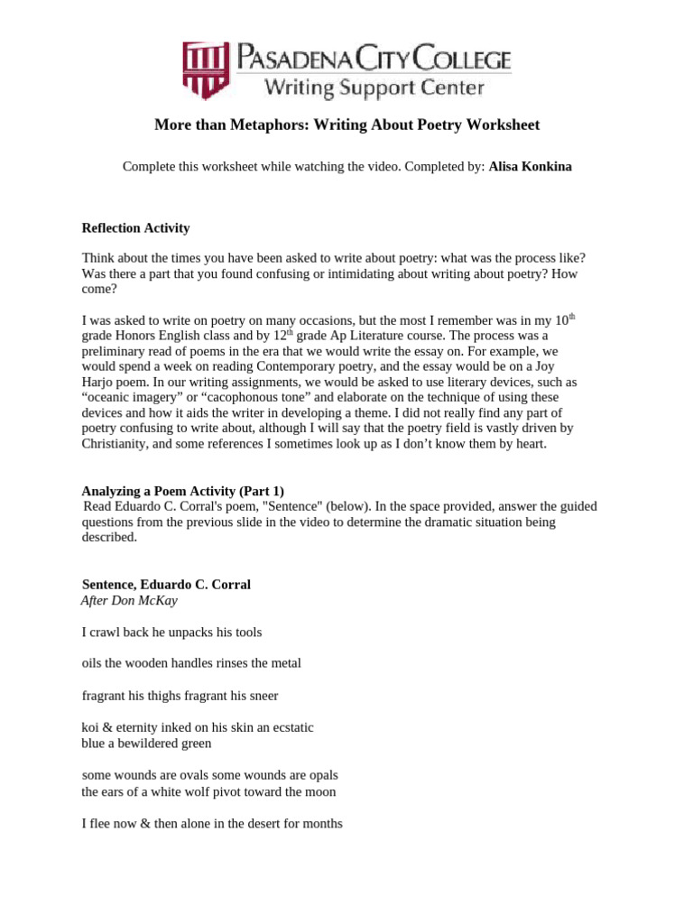 Writing About Poetry Worksheet | PDF | Poetry