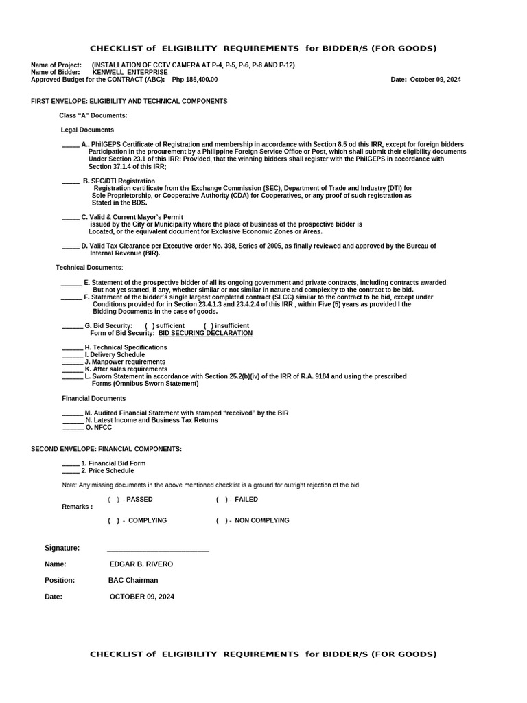 CCTV Installation Bidder Eligibility Checklist | PDF | Sole ...