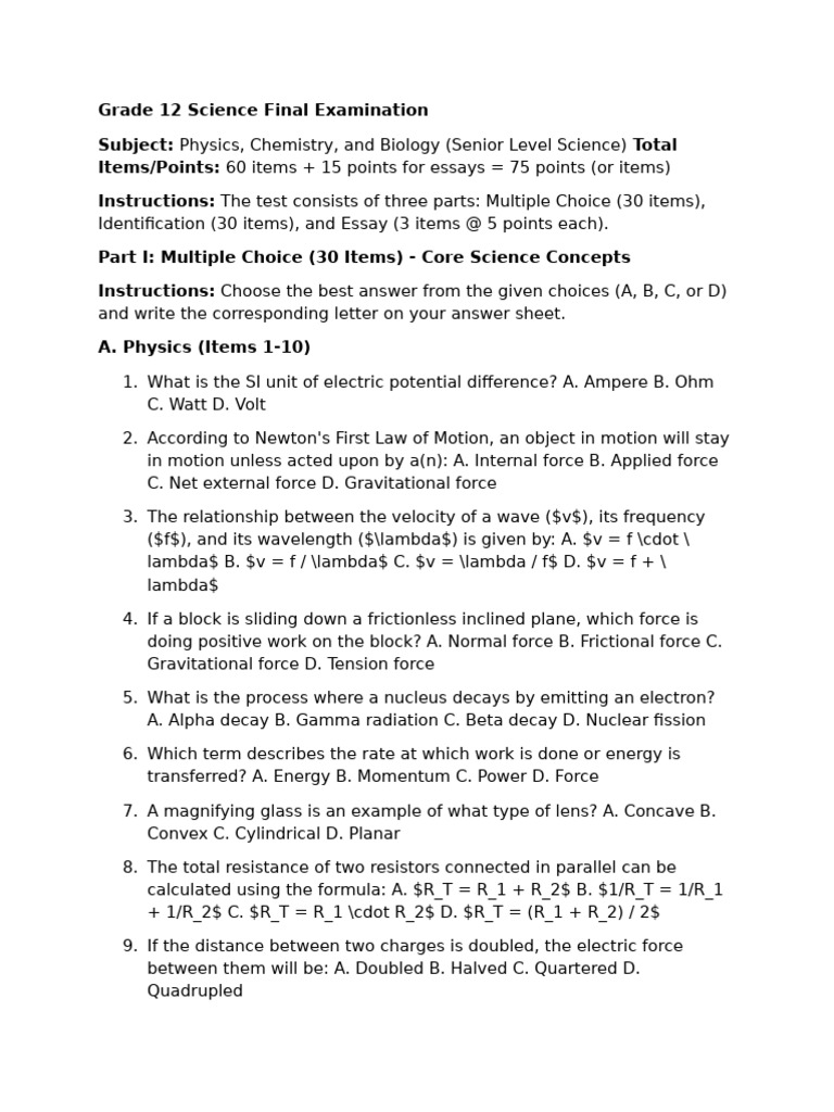 Grade 12 Science Exam: Physics, Chemistry, Biology | PDF | Force | Cell ...