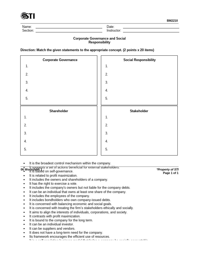 06 Worksheet 1 | PDF | Corporate Governance | Governance