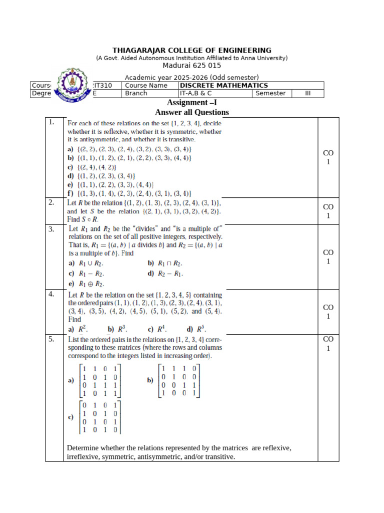 Assignment I Discrete Mathematics | PDF | Integer | Natural Number