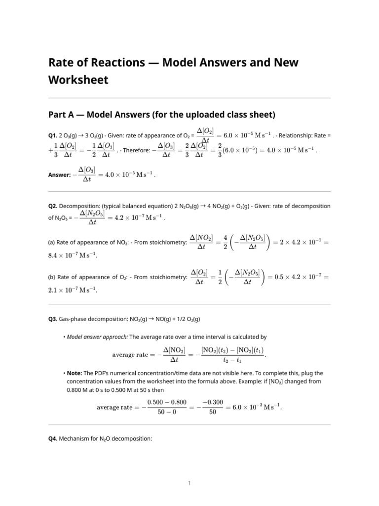 Reaction Rate Model Answers & Worksheet | PDF | Stoichiometry | Chemistry