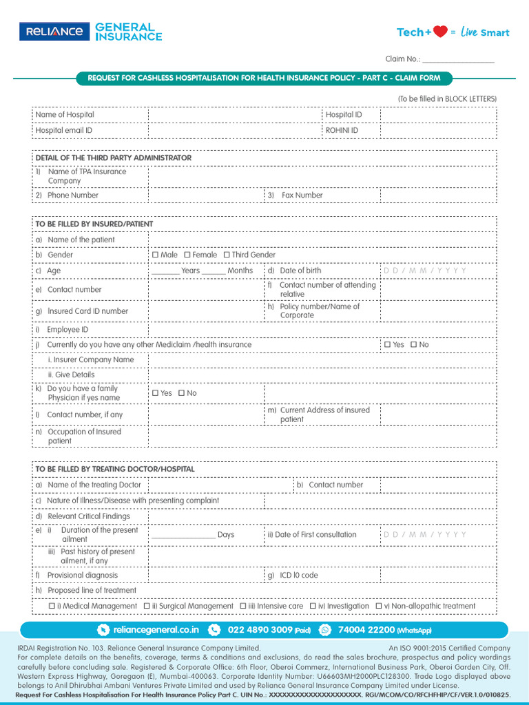 Reliance Health Insurance Preauth Form | PDF | Medicine | Health Care