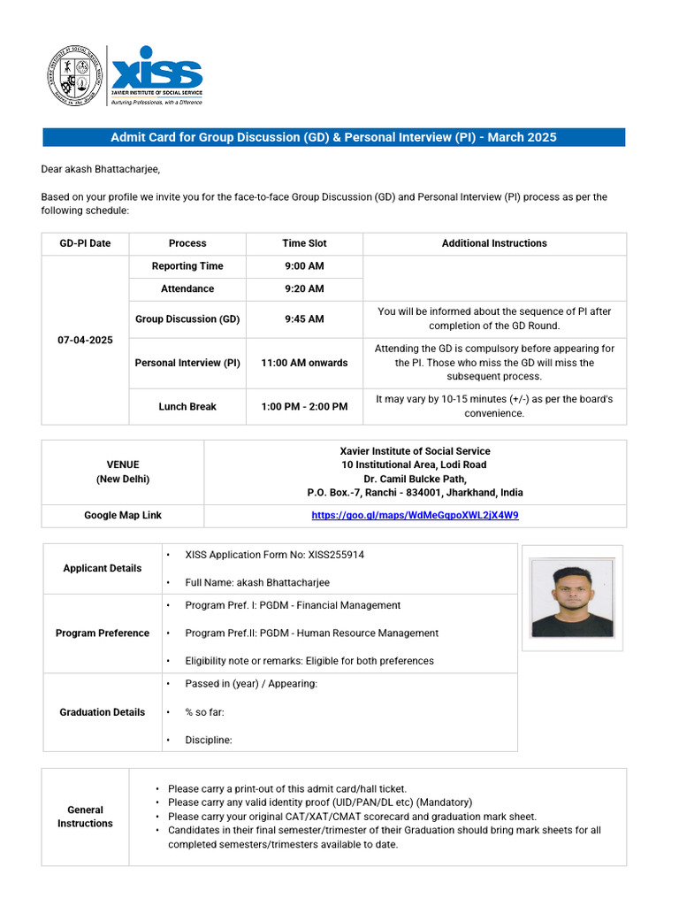 Admit Card for GD & PI - April 2025 | PDF