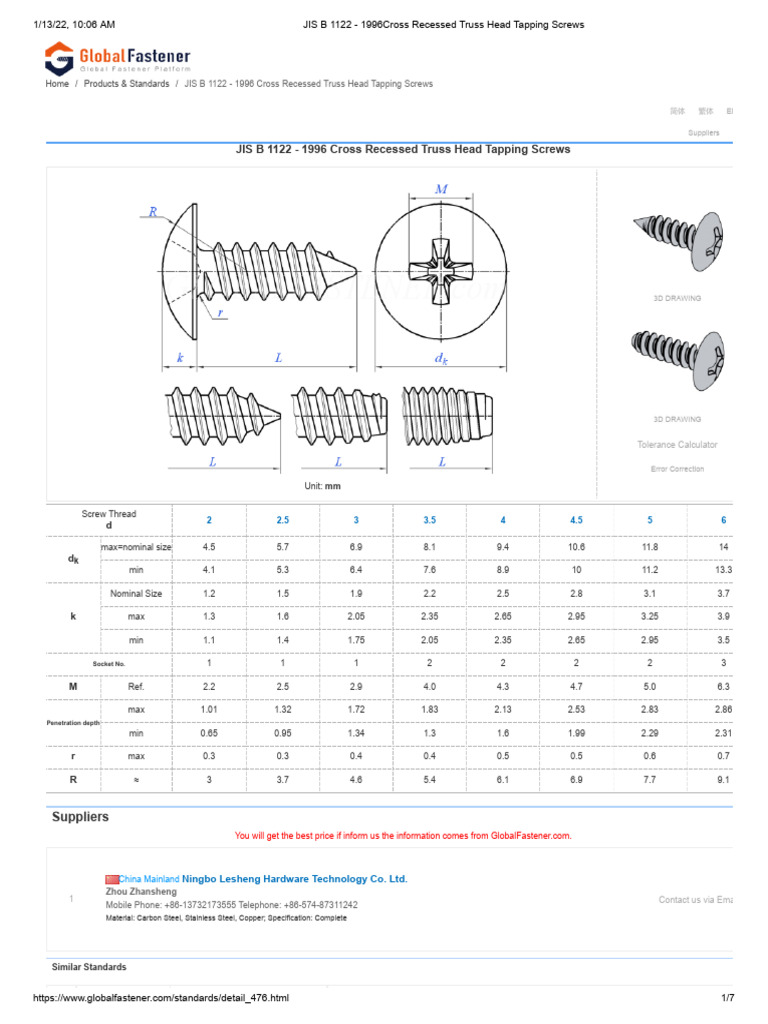 JIS B 1122: Truss Head Tapping Screws | PDF | Screw | Building Materials