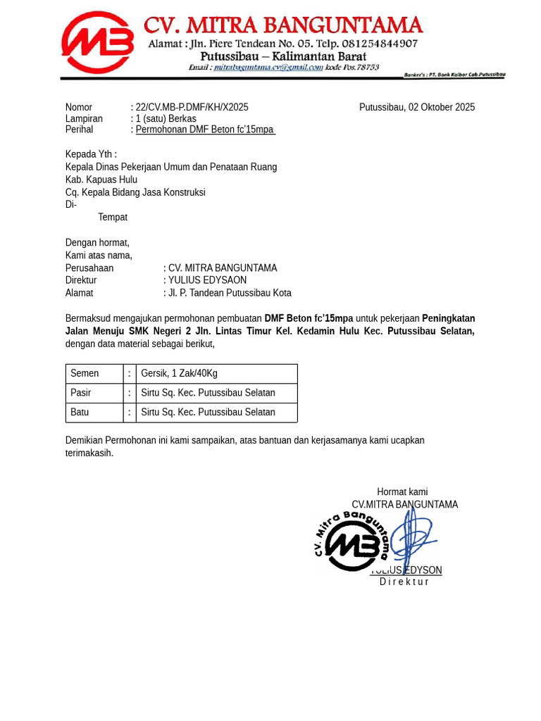 Permohonan DMF Beton fc’15mpa Kapuas Hulu | PDF