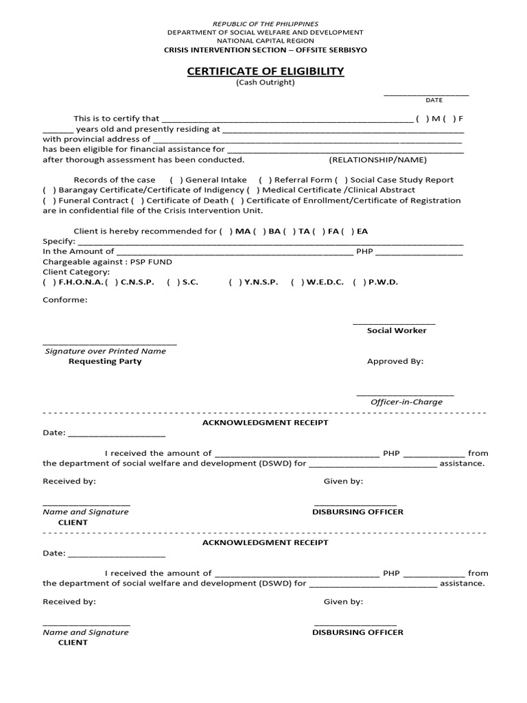 DSWD Certificate of Eligibility 2025 | PDF | Social Programs | Social ...
