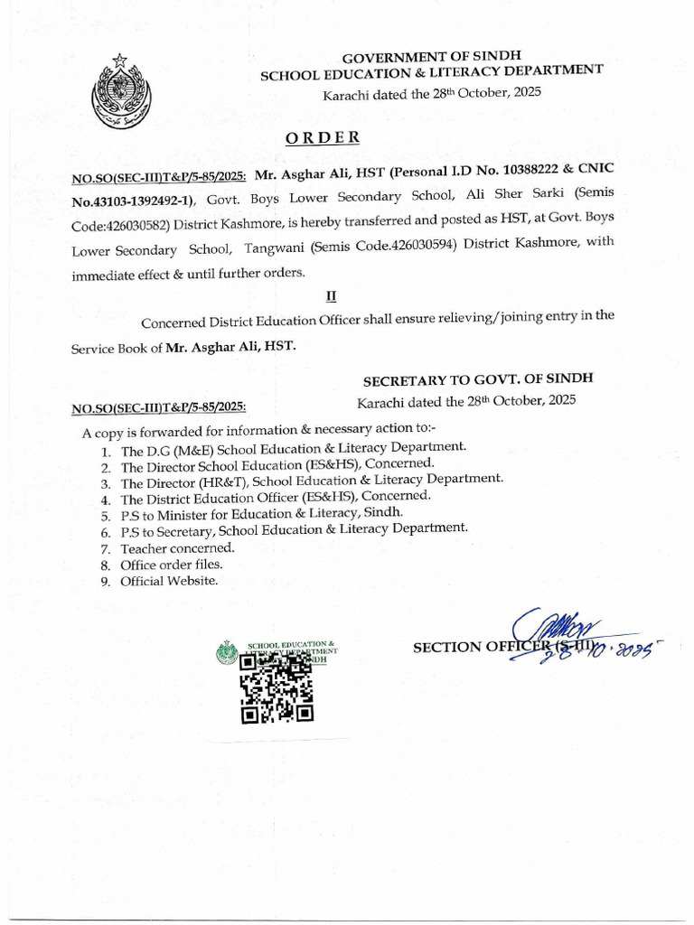 Order For Transfer and Posting of MR Asghar Ali, HST, ID No.10388222 | PDF