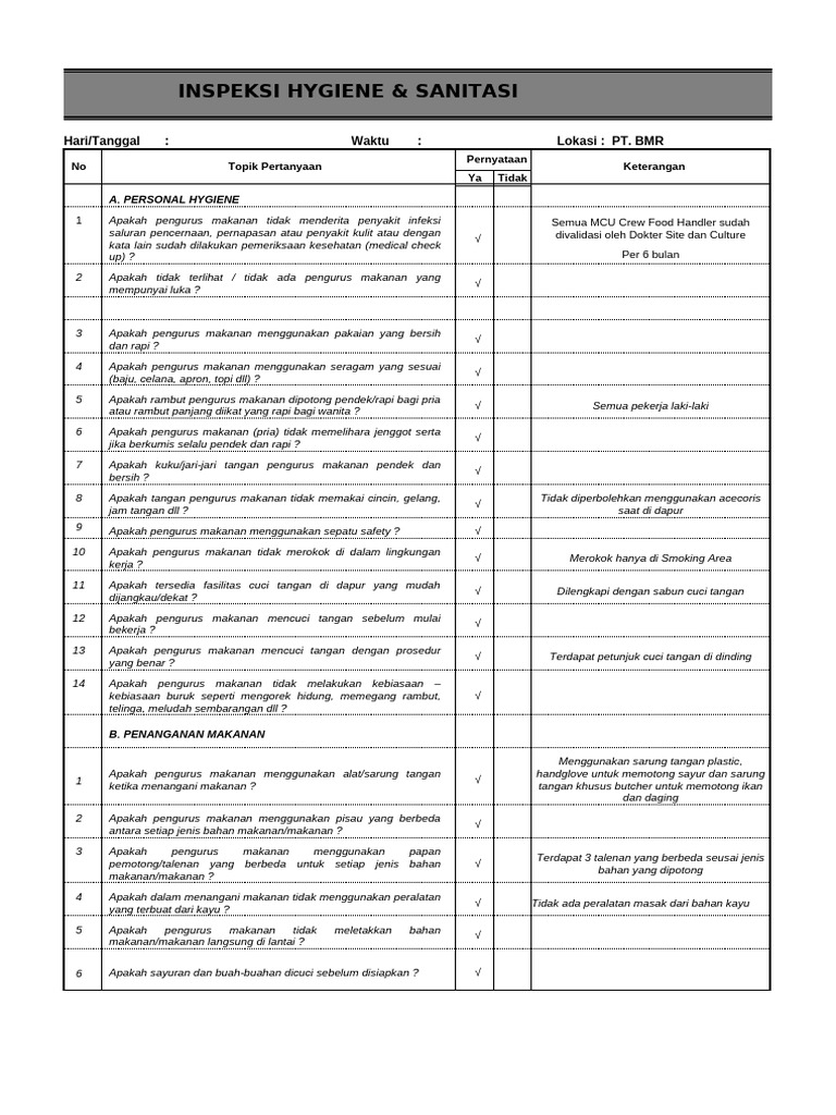 Contoh Hasil Inspeksi Hygiene & Sanitation Medic | PDF