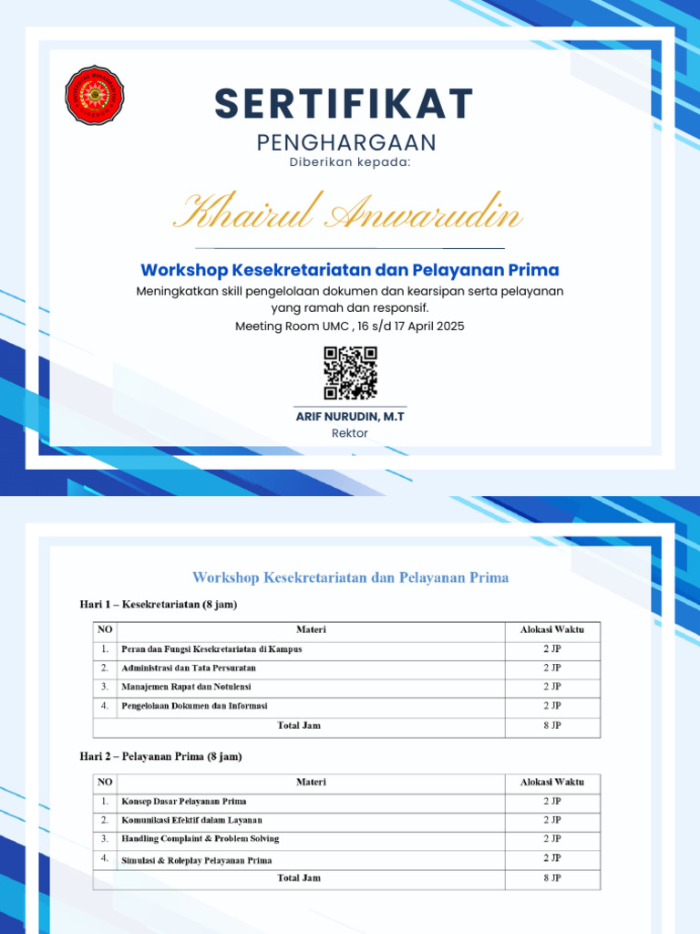 Khairul Anwarudin SERTIFIKAT Workshop Kesekretariatan Dan Pelayanan Prima | PDF