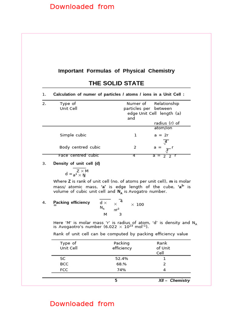 Key Physical Chemistry Formulas | PDF | Crystal Structure | Mole (Unit)
